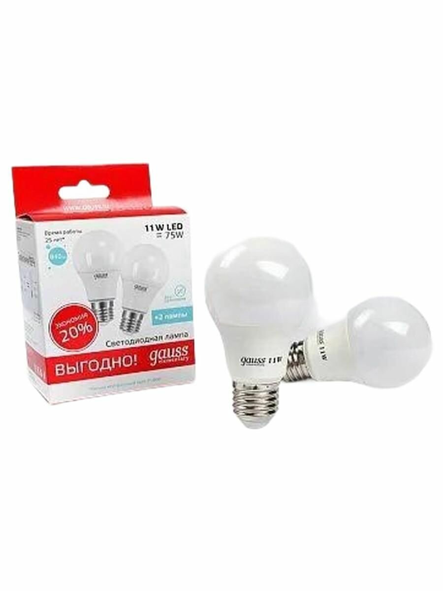Лампа Gauss Elementary A60 11W 840lm 4100K E27 (2 лампы в упаковке) LED 23221P