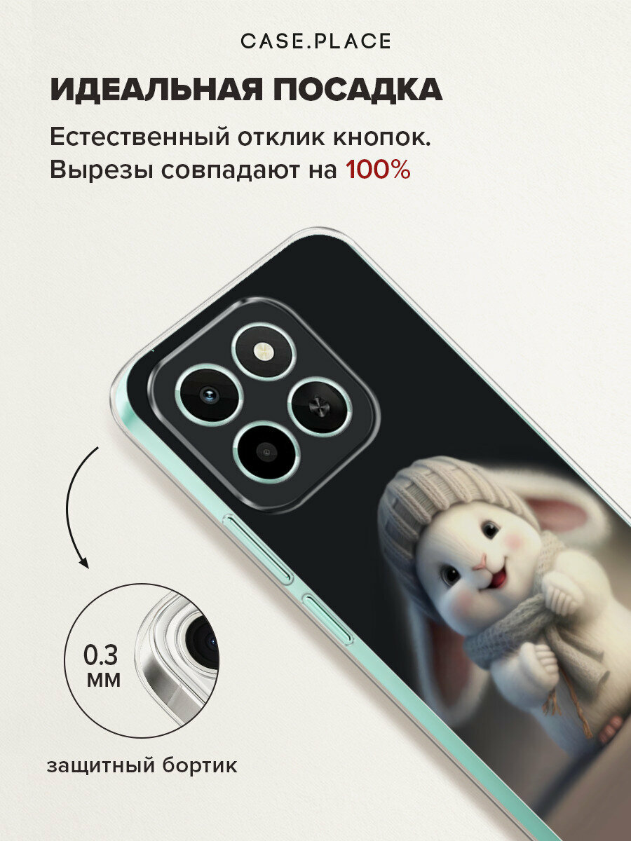 Чехол на Honor X6c / Хонор X6c с принтом "Белый крольчонок в шапке" — фото 1