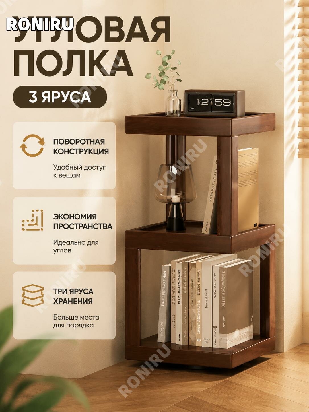 Вращающийся напольный стеллаж3 яруса из бамбука для книг и хранения