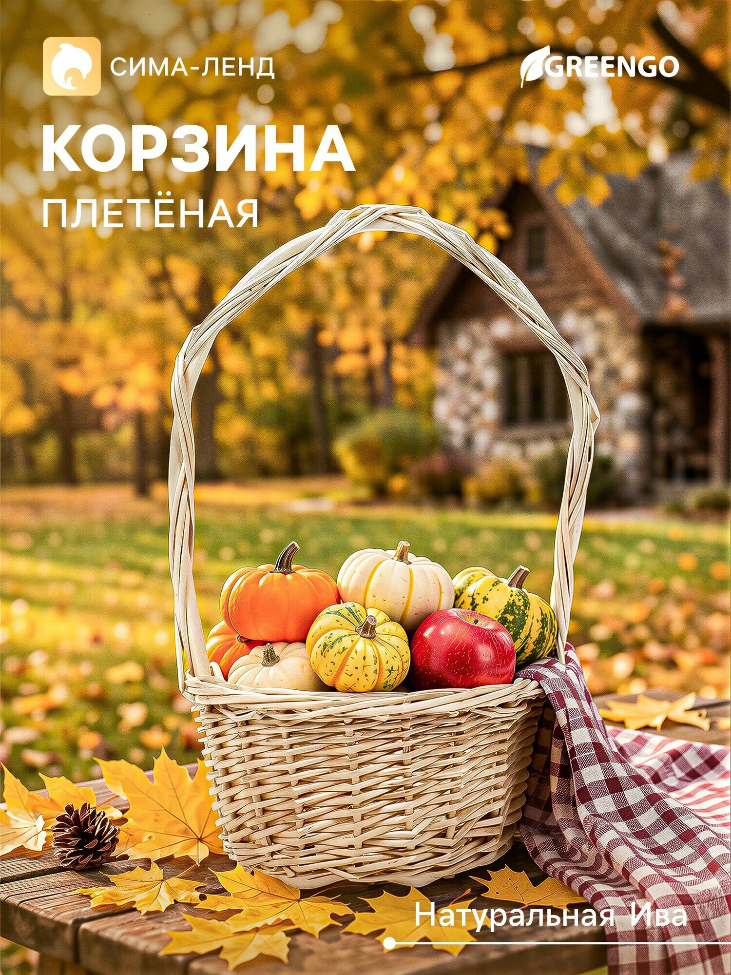 Корзина плетёная для хранения, 15×15×8 см, ручка h=14 см, лоза, натуральная, Greengo