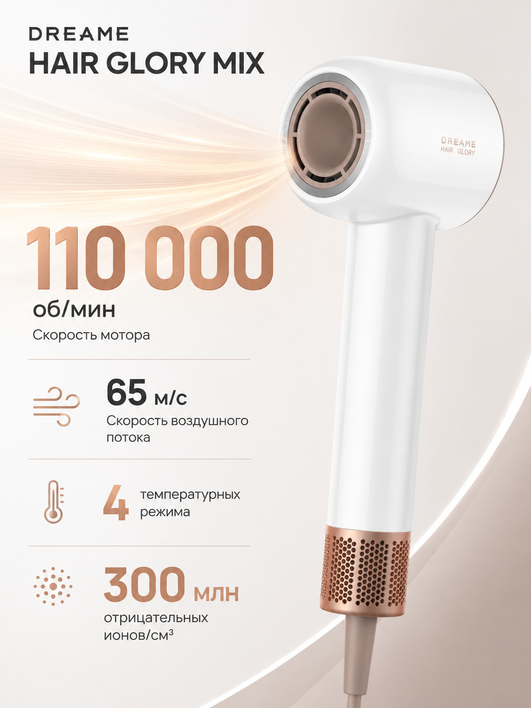 Фен Dreame Hair Glory Mix, 1600 Вт, ароматизирующее кольцо, ионизация, белый