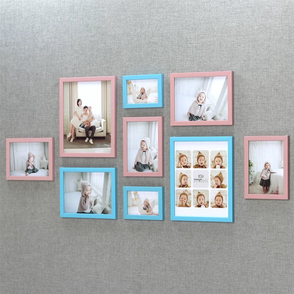Набор настенных фоторамок 7 дюймов: 5 розовых и 4 синих рамки для современного декора
