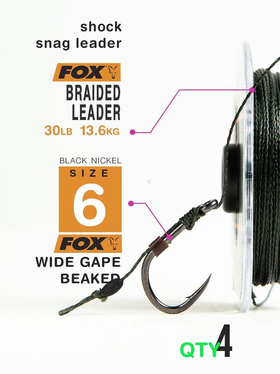 Готовые рыболовные поводки с крючком FOX Wide Gape Beaked №6, FOX BRAIDED LEADER 30LB - 18см, в уп. 4шт