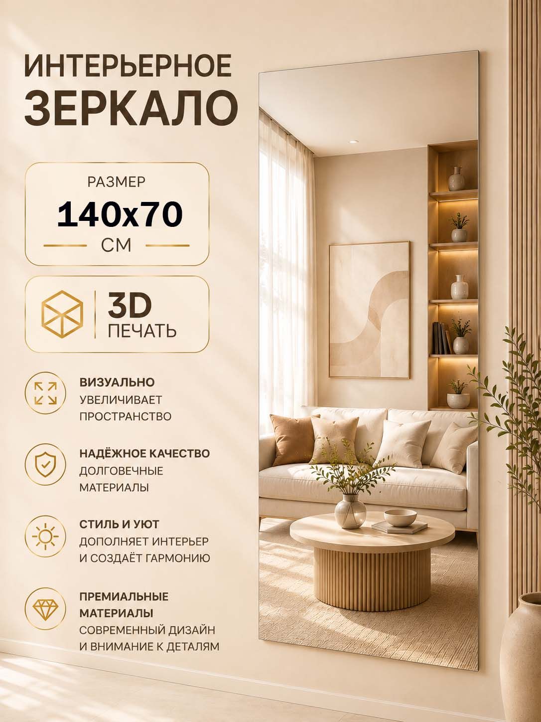 Зеркало настенное без подсветки без окантовки 140х70