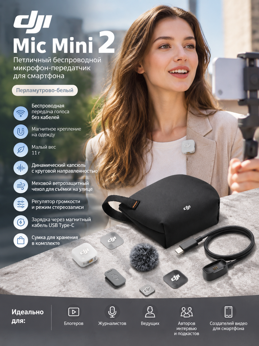 Петличный беспроводной микрофон-передатчик Mic Mini 2 для смартфона, перламутровый белый