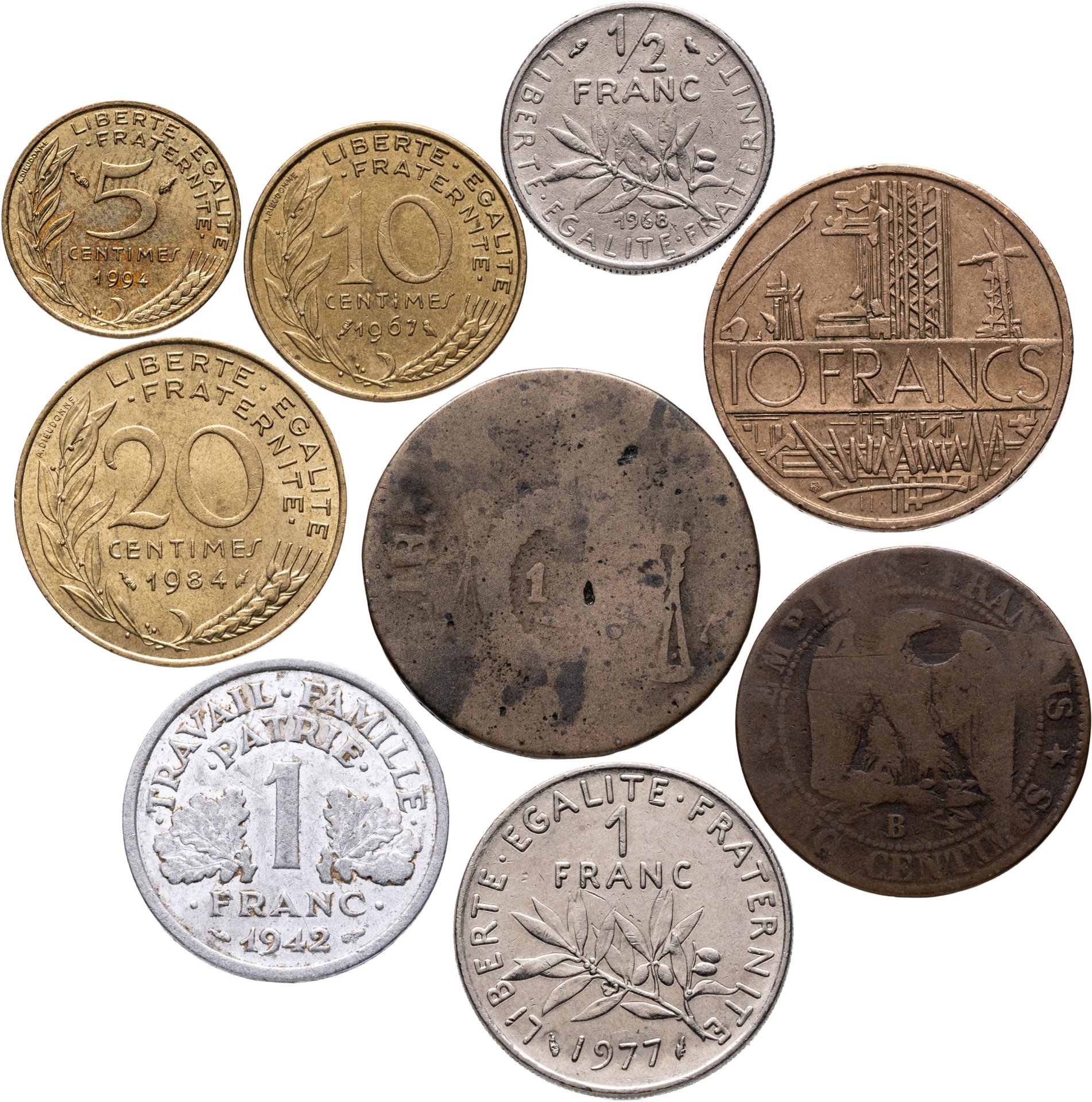 Франция набор из 9 монет 1, 5, 10, 20, сантимов и 1/2, 1, 10 франков 1855-1994, Различные сплавы, в сохранности VG-AU
