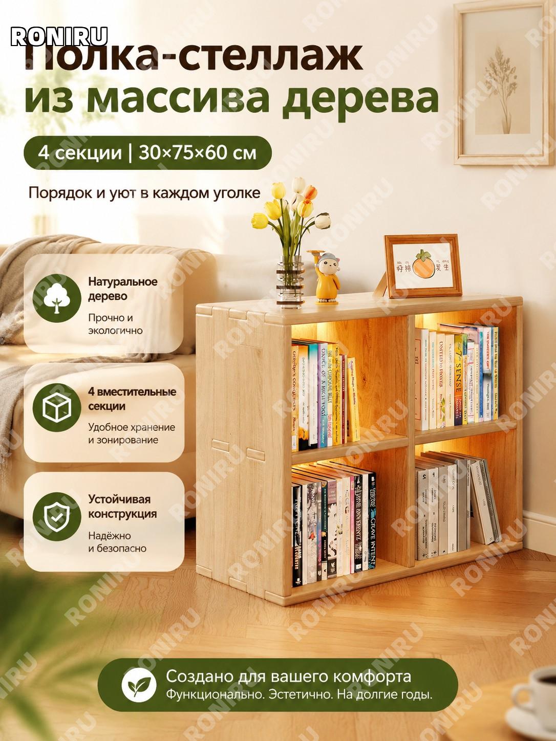 Книжный шкаф из массива дерева 4 яруса 30×75×60 см высокий глубокий стеллаж для гостиной и хранения с уголками