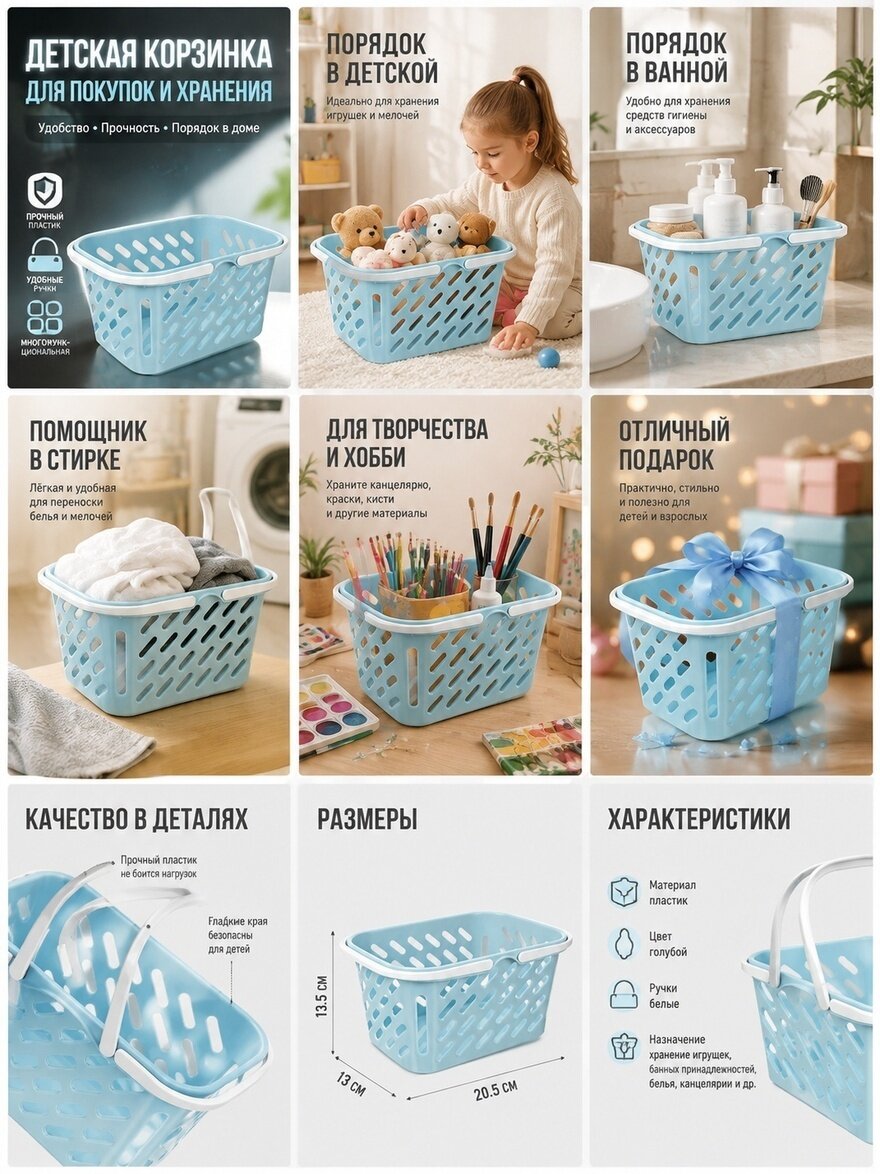 Синяя Пластиковая Корзина Для Хранения Игрушек С Ручкой 26x17x13см Прямоугольная Подарочная Организация Игрушек