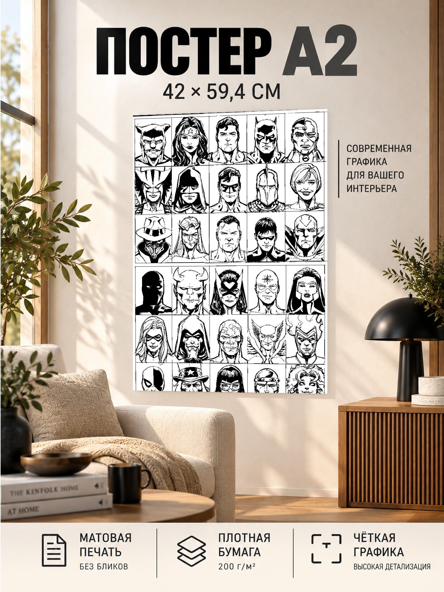 Постер Портреты супергероев DC , черно-белая графика, А2 (42 59 см)