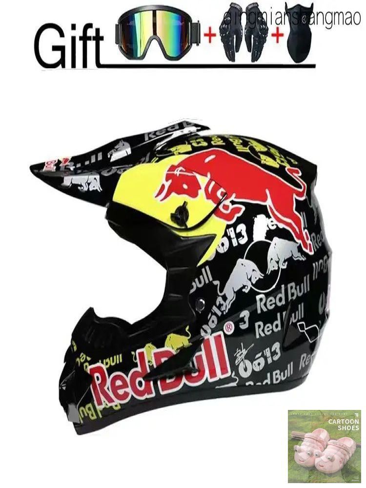 Шлем мотокросс Юпитер размер S, черный с принтом Red Bull, подарок очки и перчатки, для езды, каска