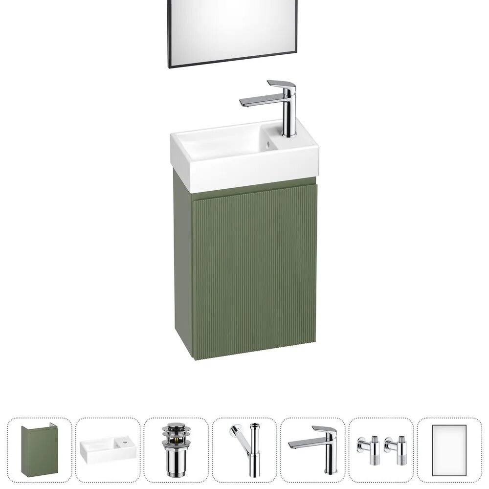 Подвесная тумба с раковиной в ванную Wellsee WC Area 20216905R в наборе 7 в 1: тумба (матовый зеленый), раковина, донный клапан, сифон, смеситель, вентили, зеркало (цвет набора хром)