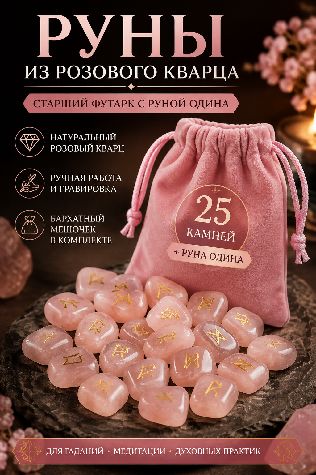 Руны из розового кварца, 25 шт, Старший Футарк с руной Одина, в мешочке, с описанием