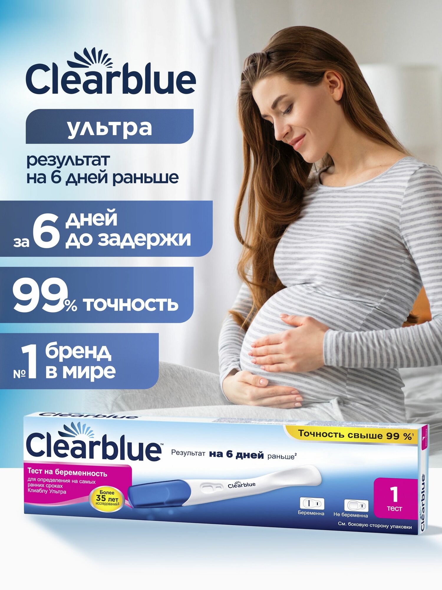 Тест на беременность ClearBlue Ultra, результат за 6 дней до задержки менструации, 1 тест