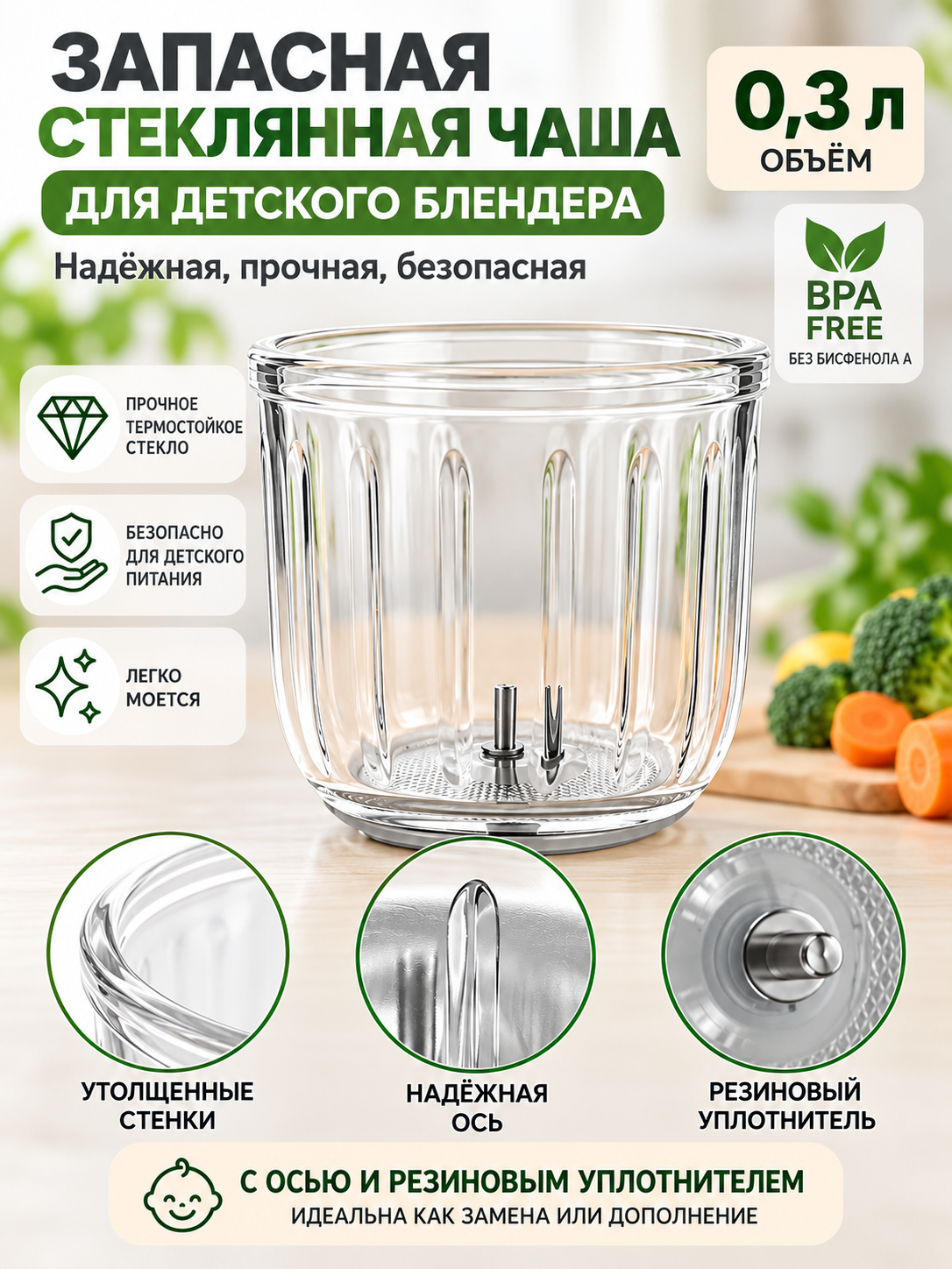 Запасная стеклянная чаша для детского блендера, прочная, с осью и резиновым уплотнителем, 0,3 л для кухни