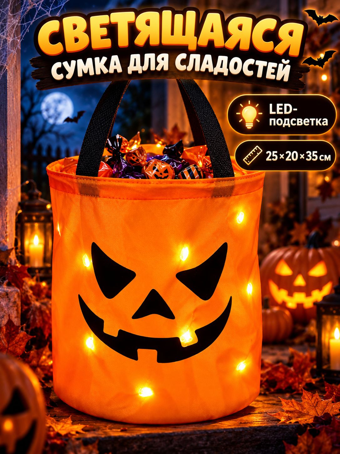 Сумка для конфет на Хэллоуин Тыква с LED-подсветкой, оранжевая, 20 25 см