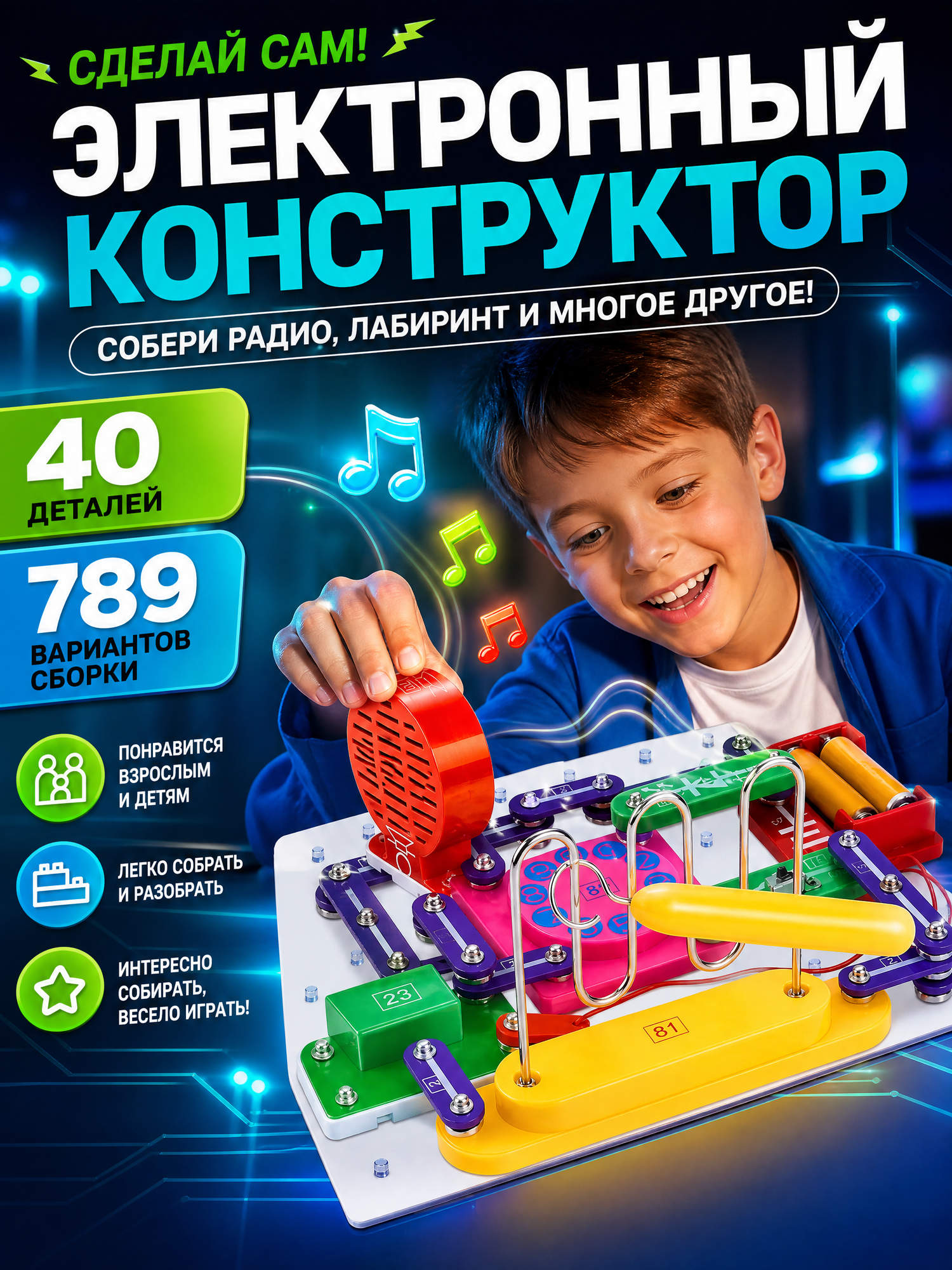 Электронный конструктор "Эврики", 789 схем, для детей от 8 лет, 40 деталей