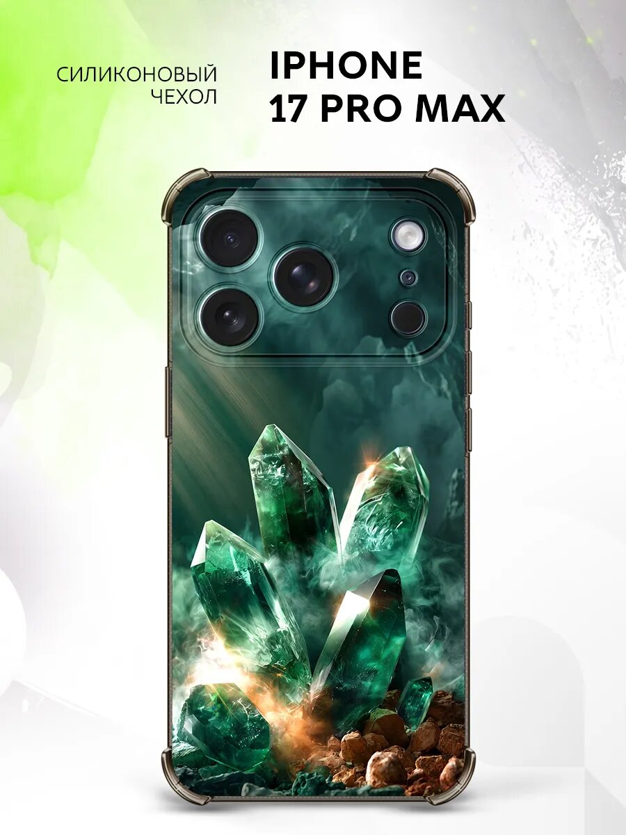 Чехол на iPhone 17 Pro Max, Айфон 17 Про Макс бампер, противоударный, с картинкой зеленые кристаллы
