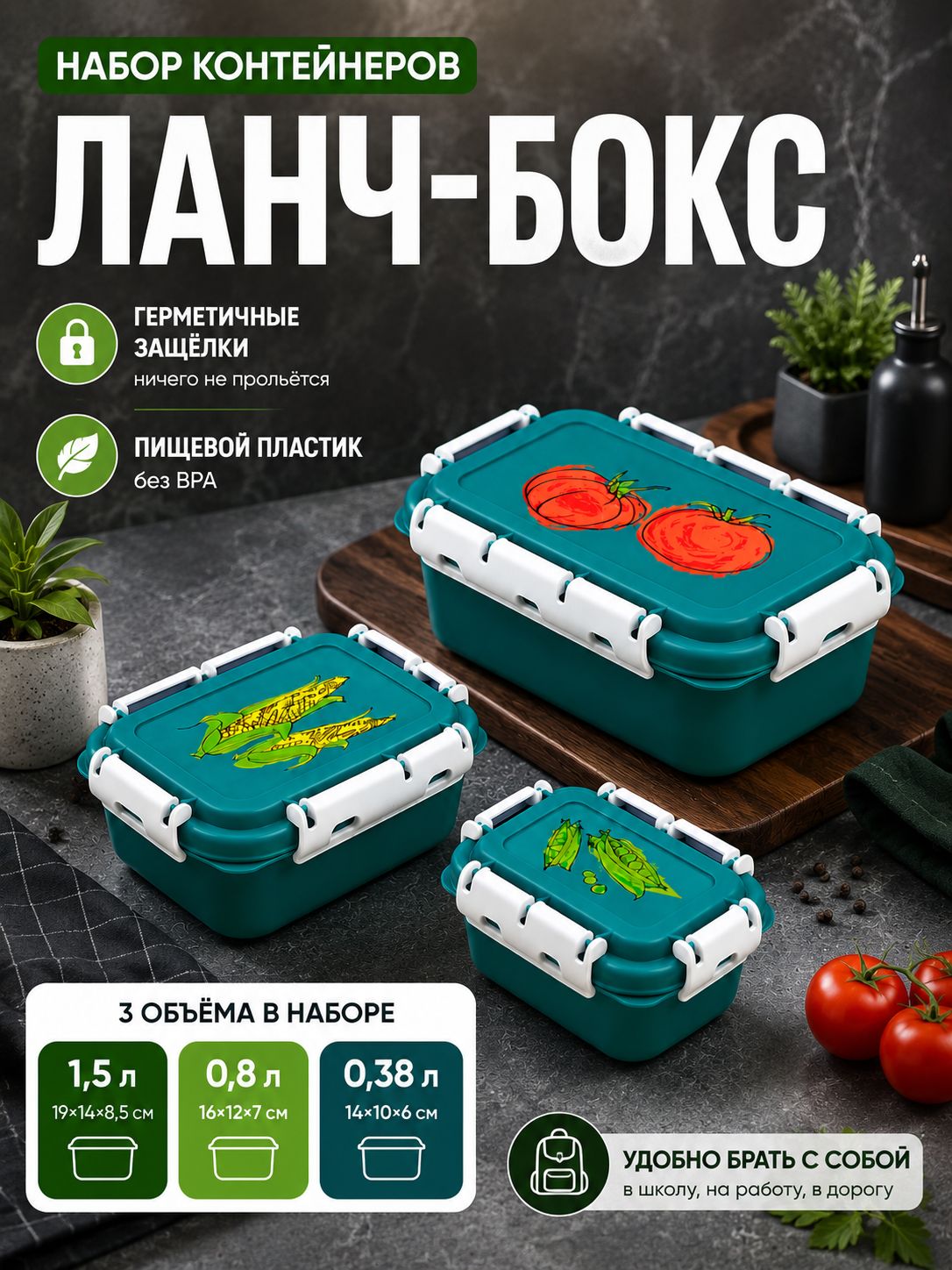 Альт-Пласт Контейнер пищевой 380 мл, 800 мл, 1500 мл 3 шт, можно мыть в посудомойке, для СВЧ
