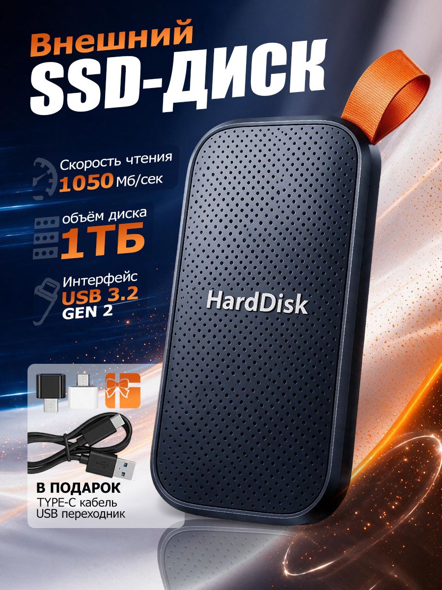 Внешний SSD диск 1 ТБ USB 3.1 Type-C скорость чтения и записи 1000 Мб/с портативный накопитель из пластика черный