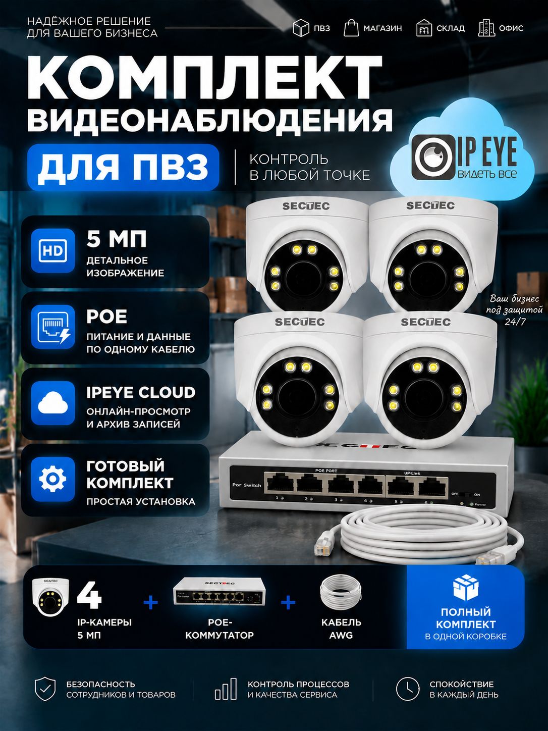 Комплект видеонаблюдения для ПВЗ IPEYE 4 камеры 5 МП