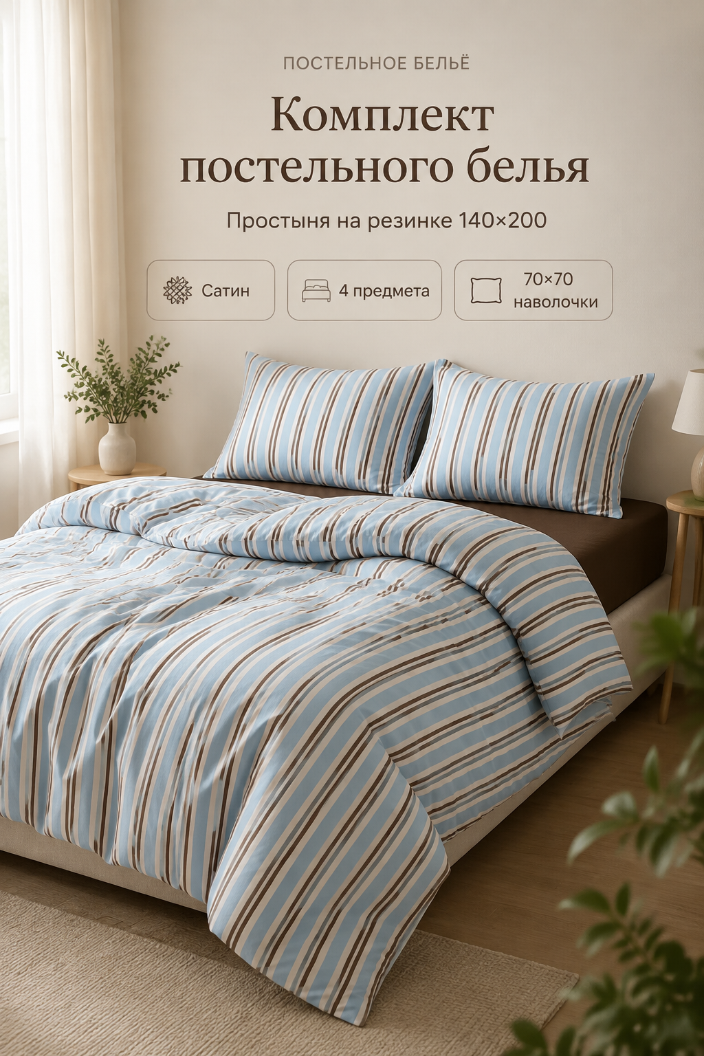 Комплект постельного белья 1,5-спальный, простыня на резинке 140х200, 2 наволочки 70х70