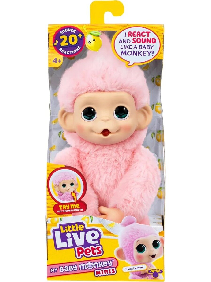 Интерактивная мягкая игрушка обезьянка Little Live Pets Baby Monkey Minis, розовая, 20+ звуков