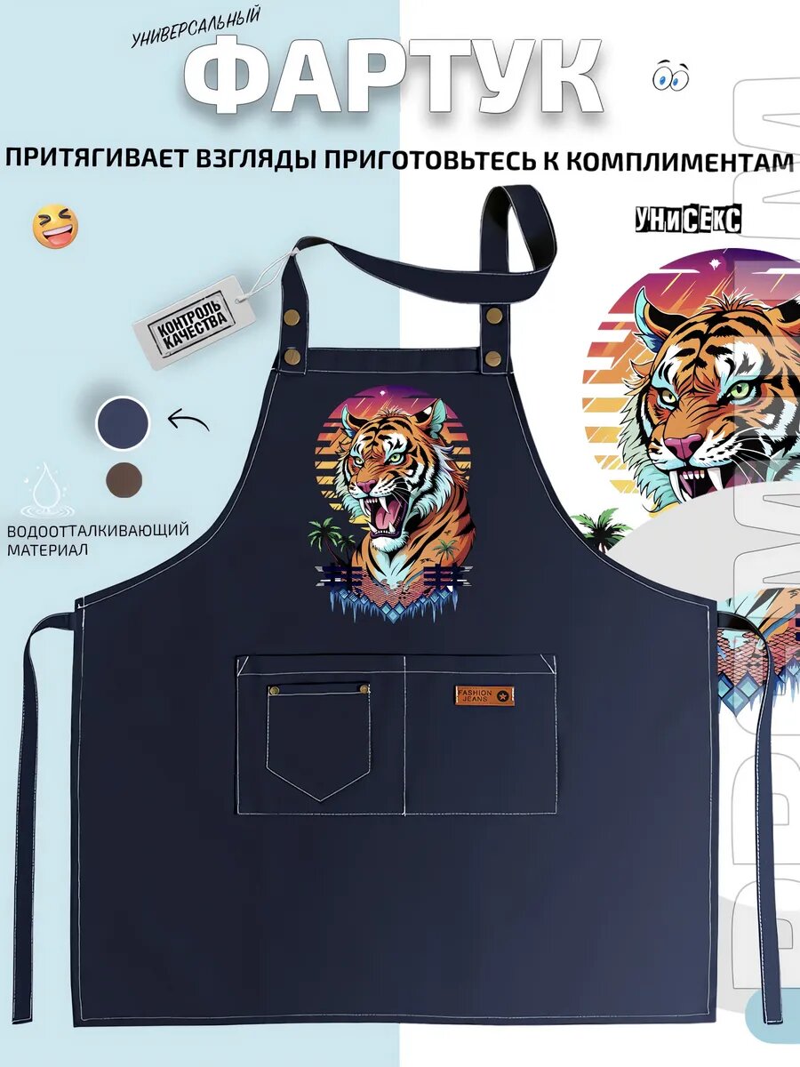 Фартук Тигр Tiger Вечерний закат Дикая природа Хищник кухонный с принтом универсальный