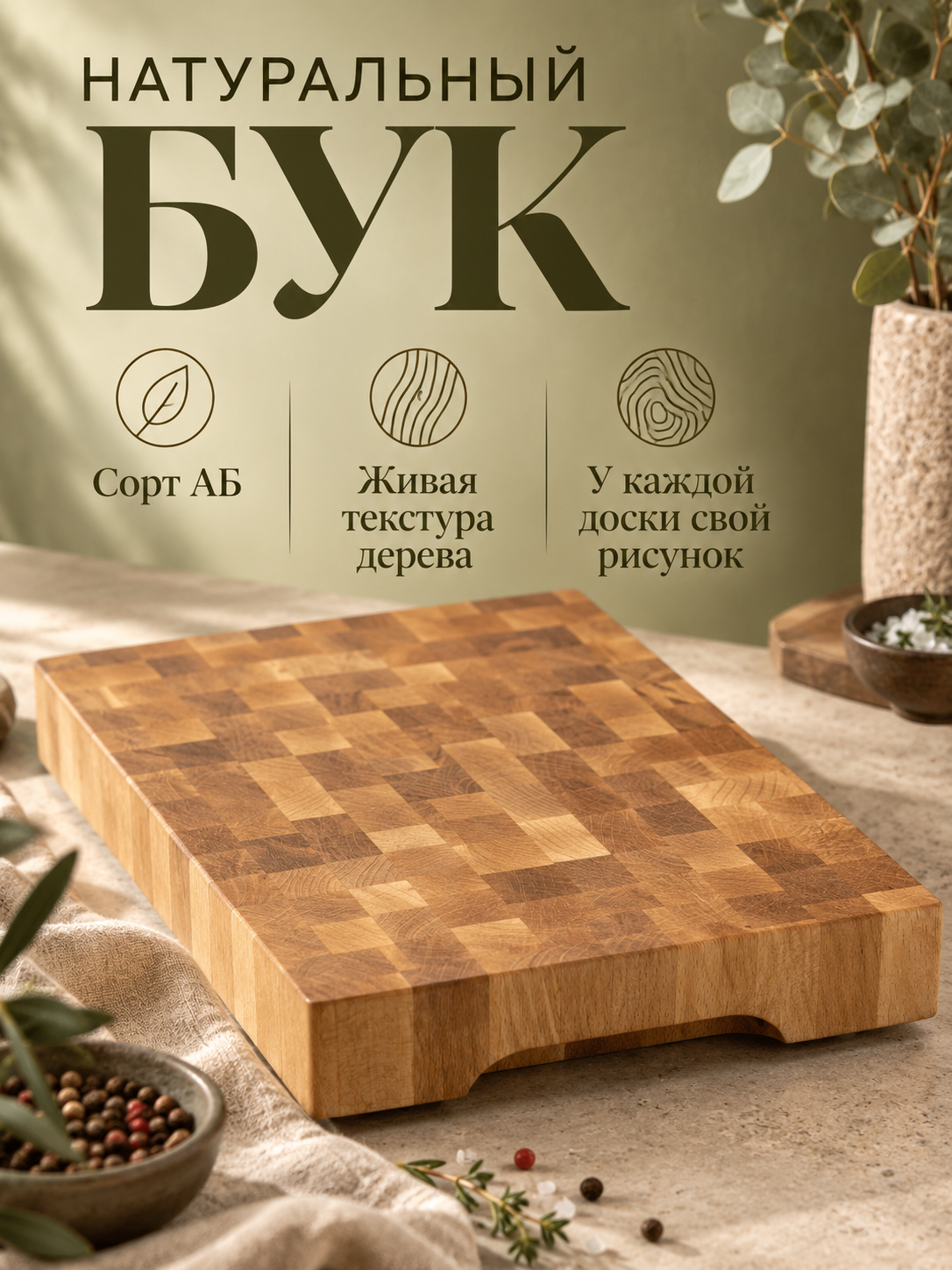 Разделочная торцевая доска, дерево бук, нескользящие ножки, коричневая, 30x20х4 см