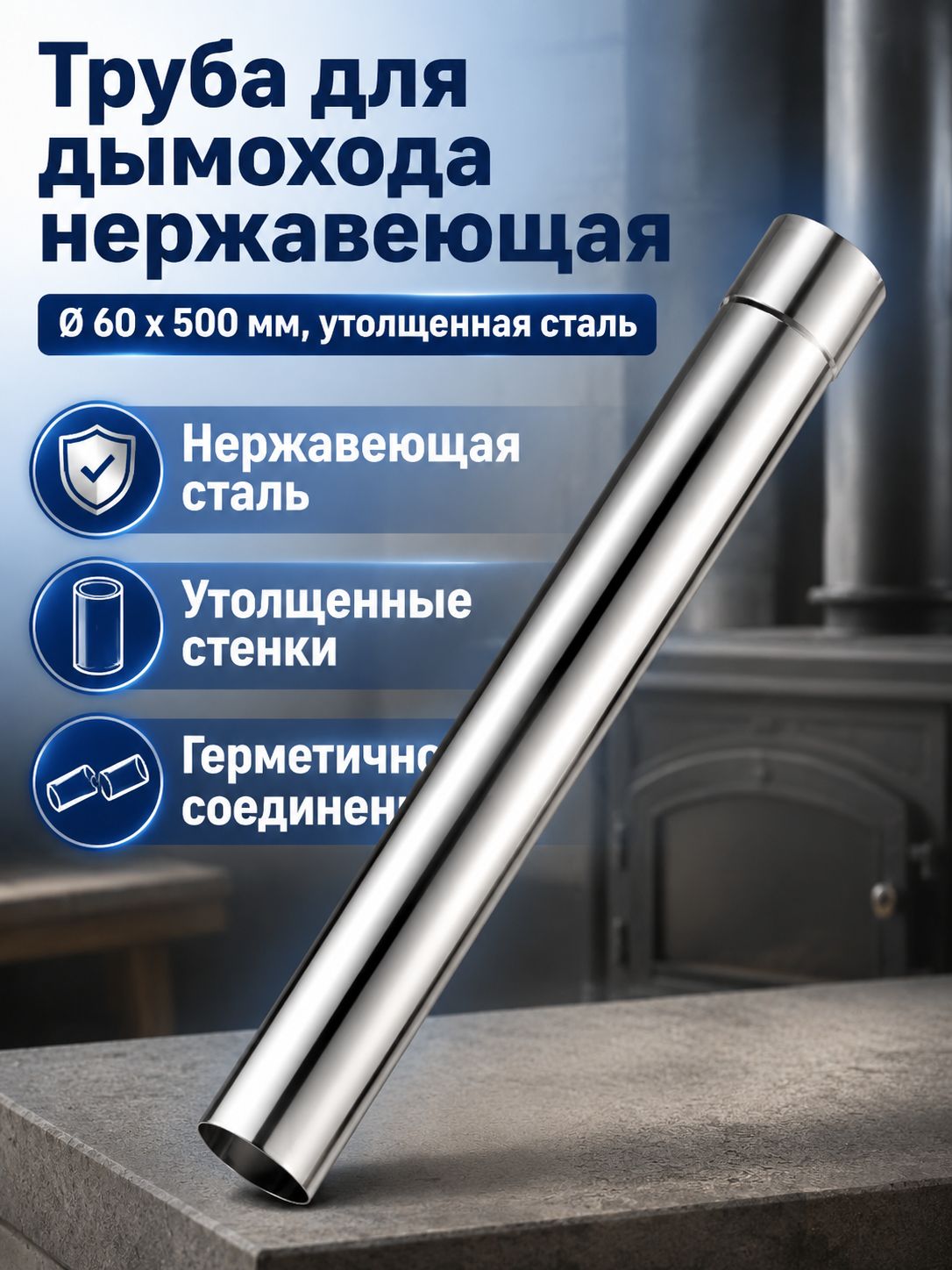Труба дымохода из утолщенной нержавеющей стали для газового водонагревателя, диаметр 60 мм, длина 500 мм, элемент дымоотвода (1 шт.)