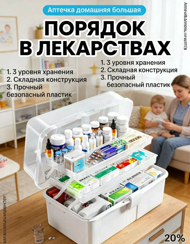 Домашняя аптечка большая, 3 уровня хранения, из безопасного пластика