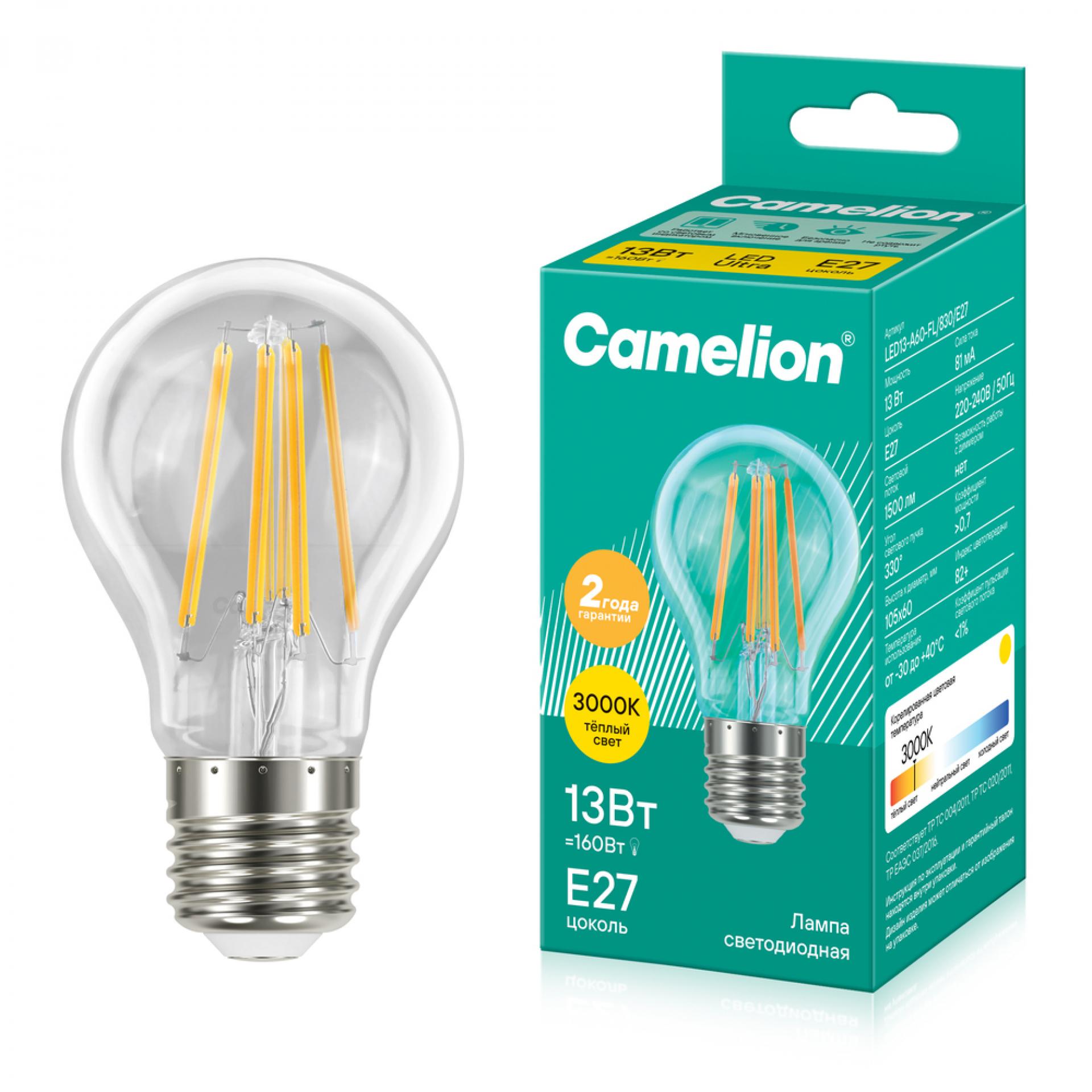 Эл. лампа светодиод. 1шт. филамент 13Вт 220В E27 3000K (теплый свет) - Camelion LED13-A60-FL/830/E27
