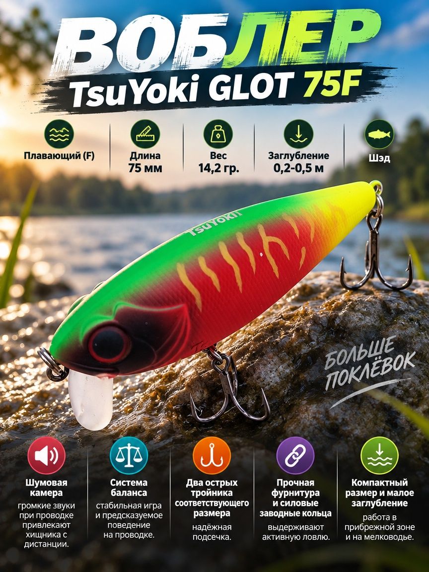 Воблер TsuYoki GLOT 75F плавающий шэд на хищника: 75 мм, 14,2 г, заглубление 0,2-0,5 м