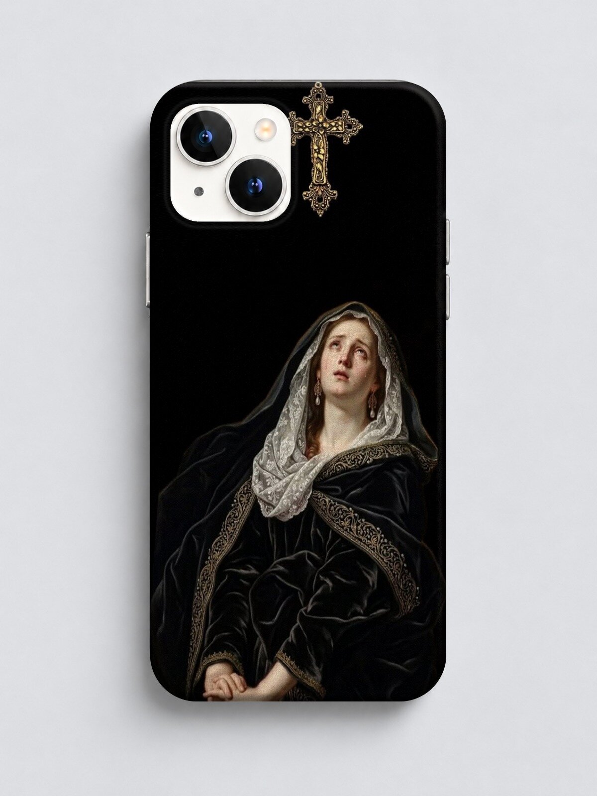 Прозрачный чехол на iPhone 14 дева мария с крестом