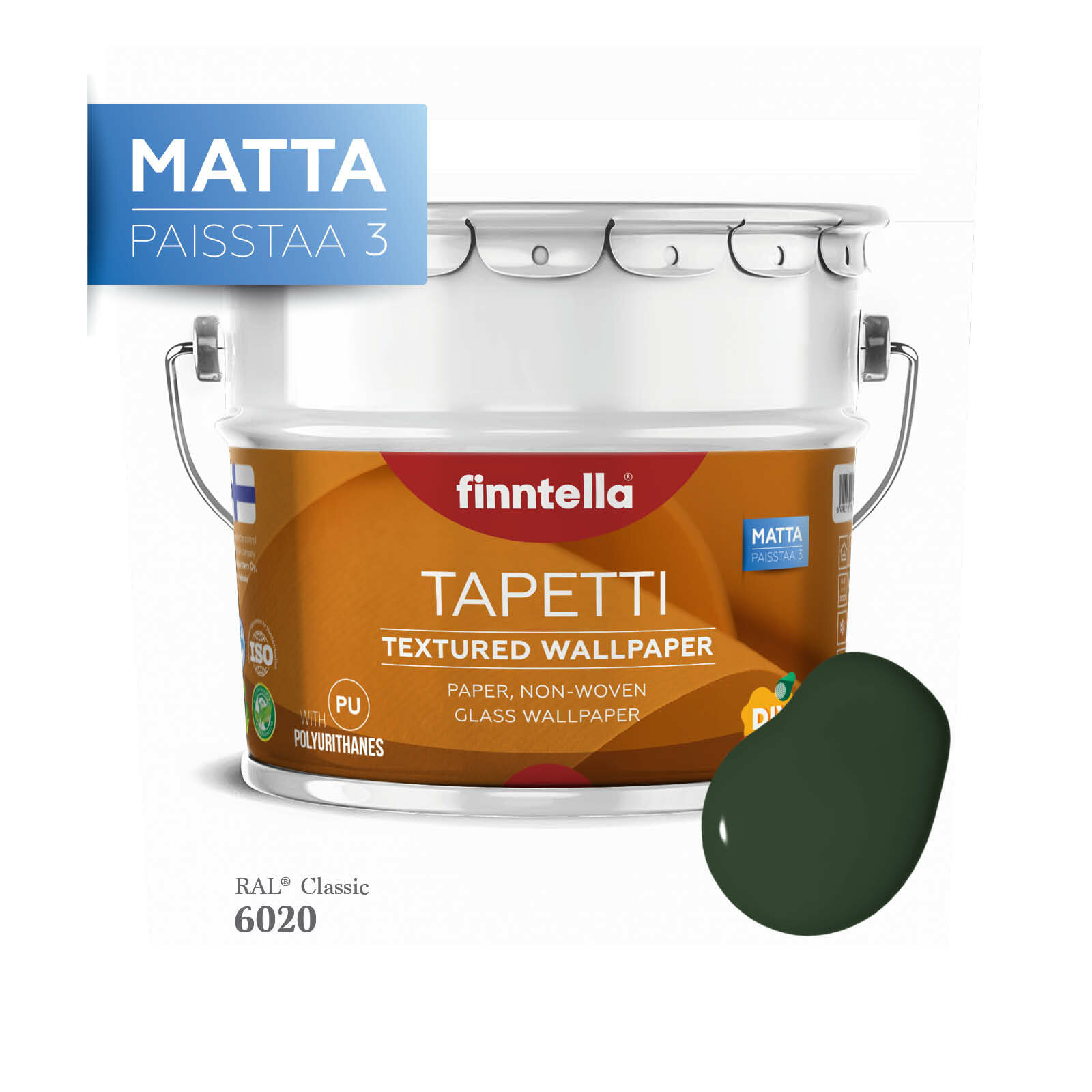 Матовая краска для обоев под окраску TAPETTI Matta FINNTELLA, Цвет RAL 6020 Хромовый зеленый (Chrome green), 9л