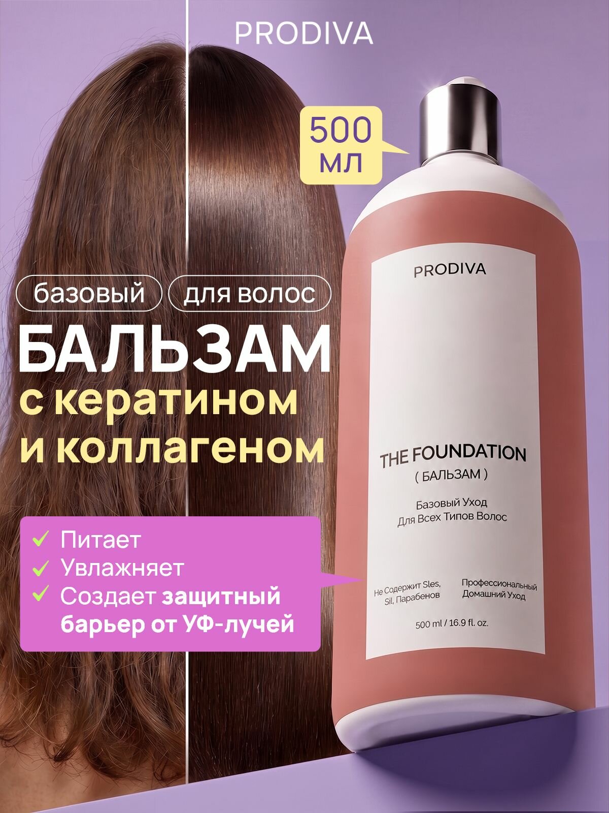 Базовый бальзам для волос The Foundation Balm профессиональный с кератином и коллагеном увлажняющий восстанавливающий, 500 мл