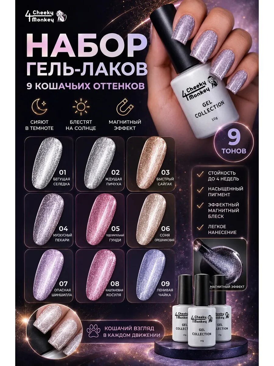 Набор светоотражающих гель лаков кошачий глаз из 9 штук