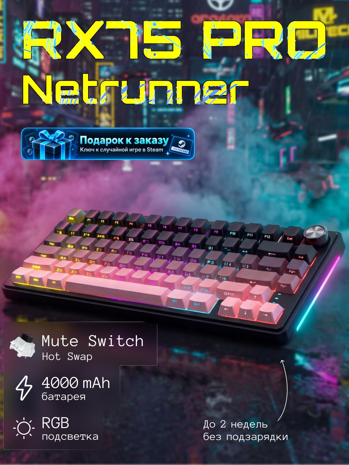 CyberLynx Игровая клавиатура беспроводная RX75 Pro, (Mute), Русская раскладка, черная, розовая