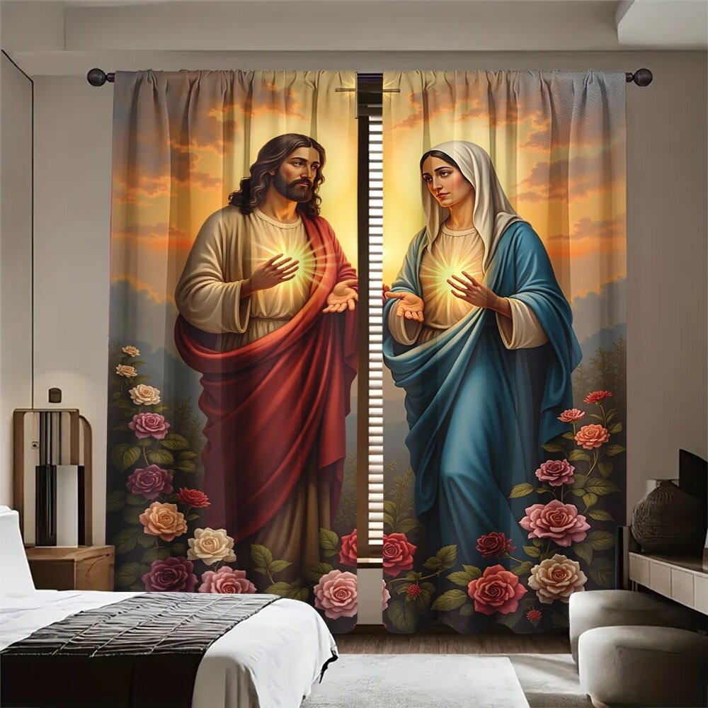 Шторы с цифровым принтом религиозной иконы, комплект 2 шт, размер 105×230 см, для спальни, гостиной, кухни и балкона, современный декор для дома, без карниза