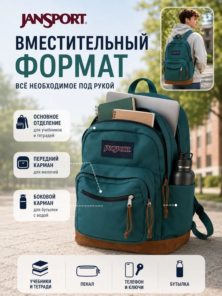 JanSport Рюкзак студенческий для учебы, города и прогулок вместительный, прочные молнии, комфорт — фото 1