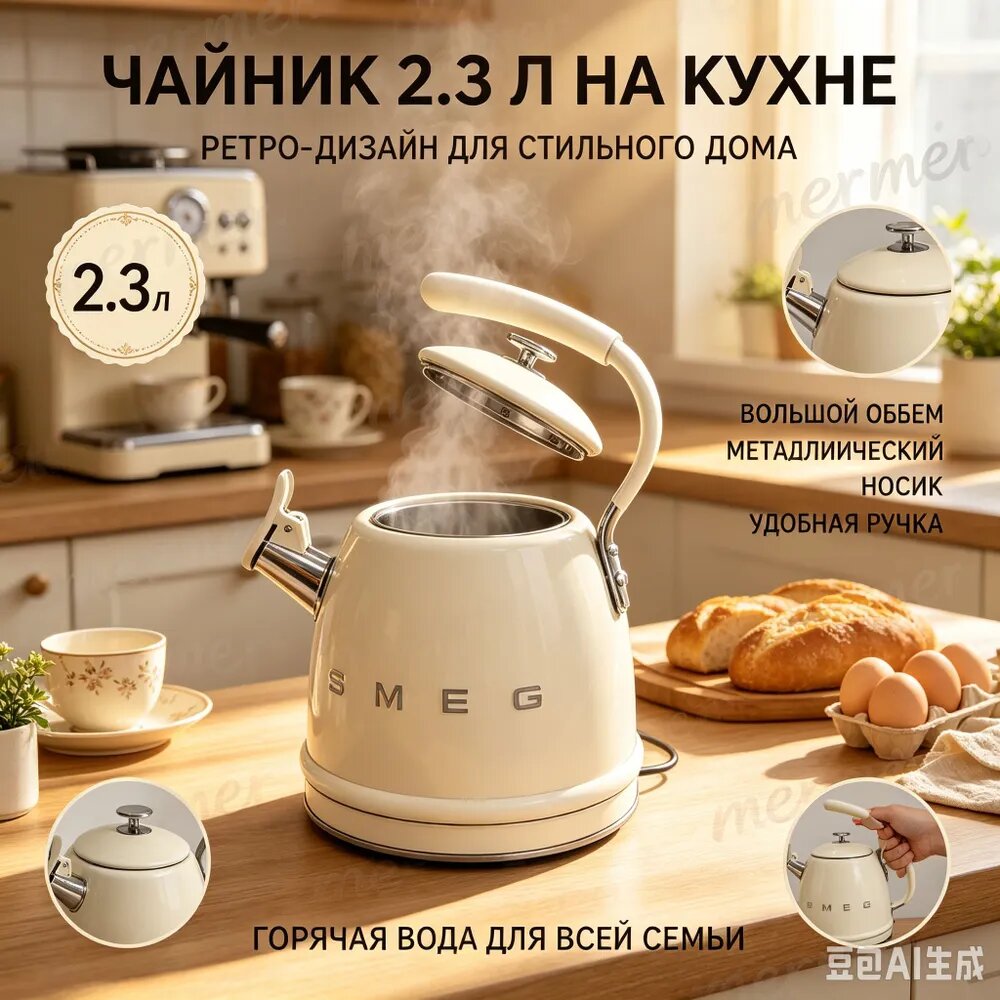 Чайник 2.3 л со свистком нержавеющая сталь кремовый