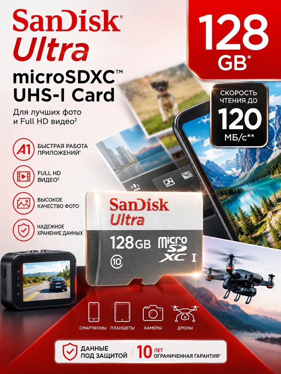 Карта памяти MicroSDXC Ultra 128Gb Class 10 серо-белая (SDSQUNR-064G-GN3MN)