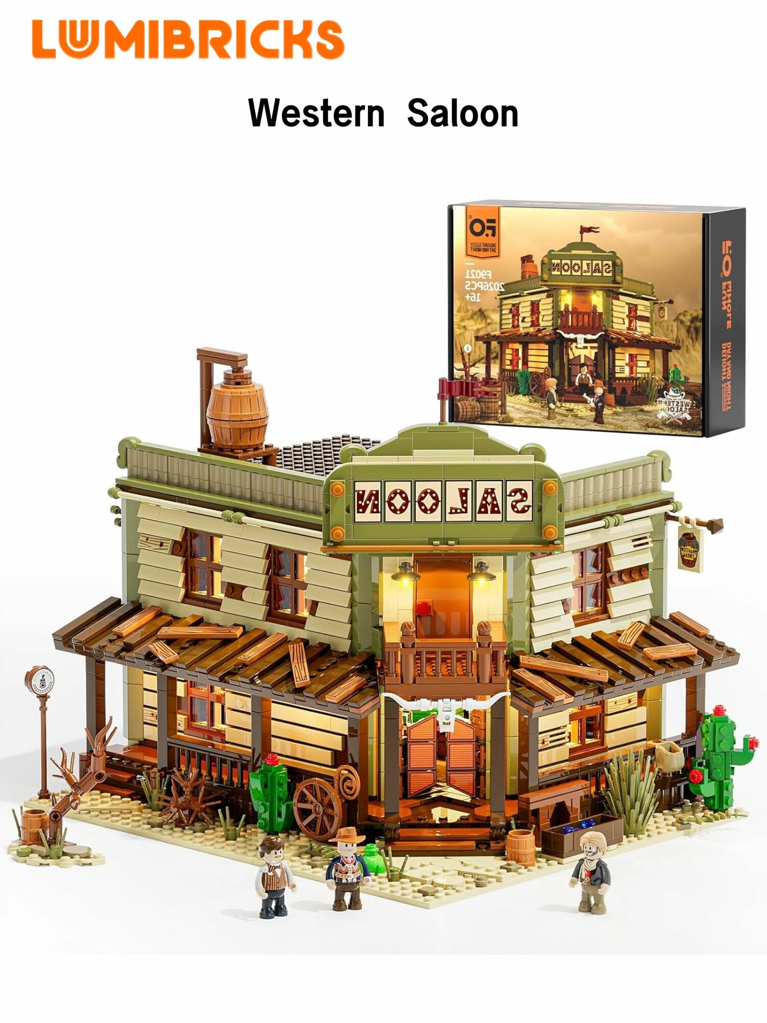 FUNWHOLE Western-Saloon Lighting Building-Набор кирпичей - The Old West Saloon LED Light Construction Building Model Set 2026 шт. для взрослых и подростков