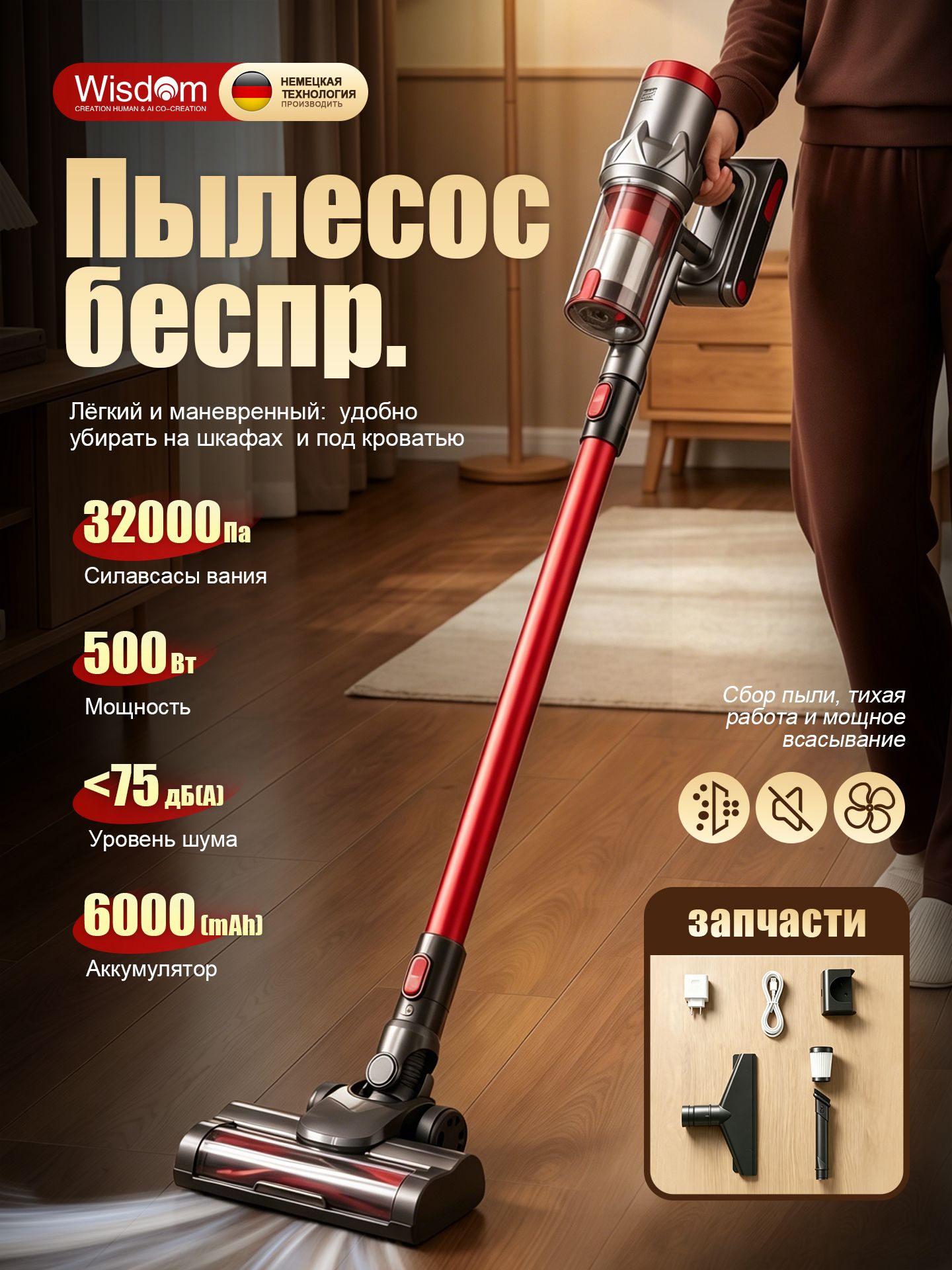 Вертикальный беспроводной пылесос, бесщеточный мотор BLDC, лазерная подсветка, съемный аккумулятор для дома