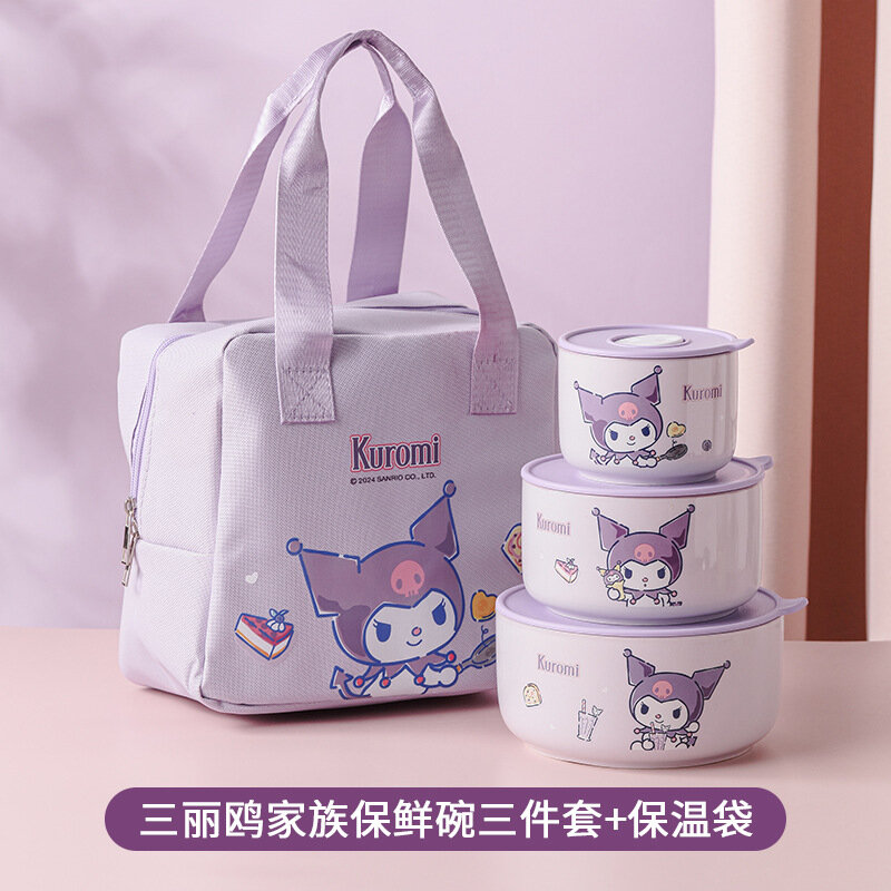 Набор керамических мисок Sanrio с крышками для микроволновки и ланча, Набор из 3 контейнеров для хранения Куроми, пакет