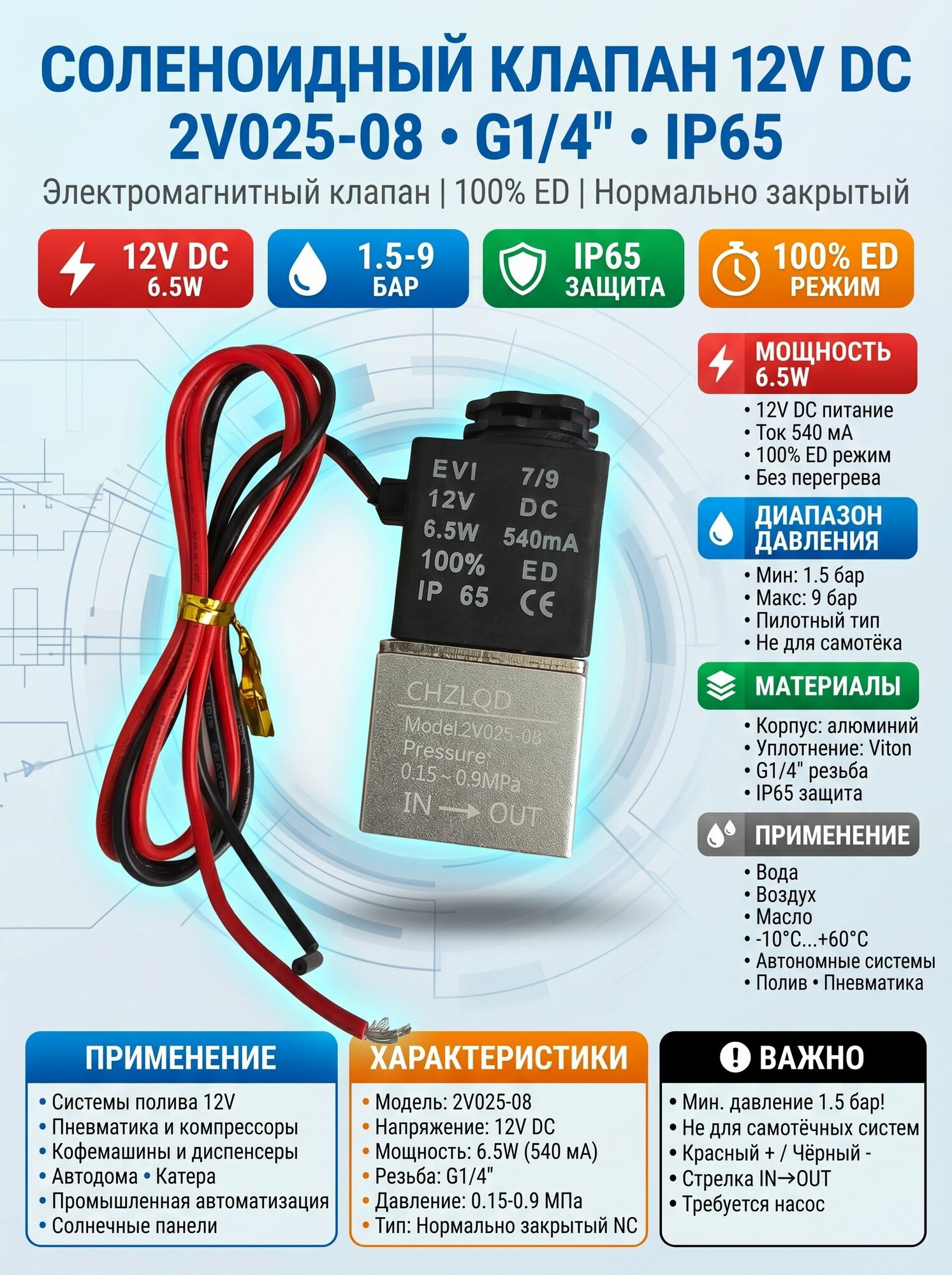 Электромагнитный клапан 2V025-08, 12В