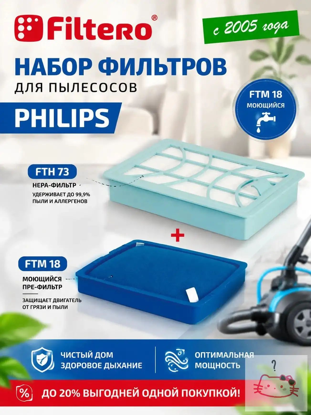 Комплект фильтров для пылесоса Philips/ FTH 73 HEPA + FTM 18 совместим с пылесосами PHILIPS FC9728, FC9732, FC9733, FC9734, FC9735