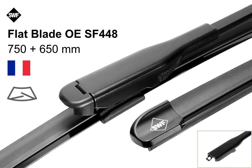 Щетки стеклоочистителя SWF Flat Blade OE SF448 (119448), бескаркасные, 750мм + 650мм, 2 шт, Pinch Tab, для Ford B-Max, Grand C-MAX