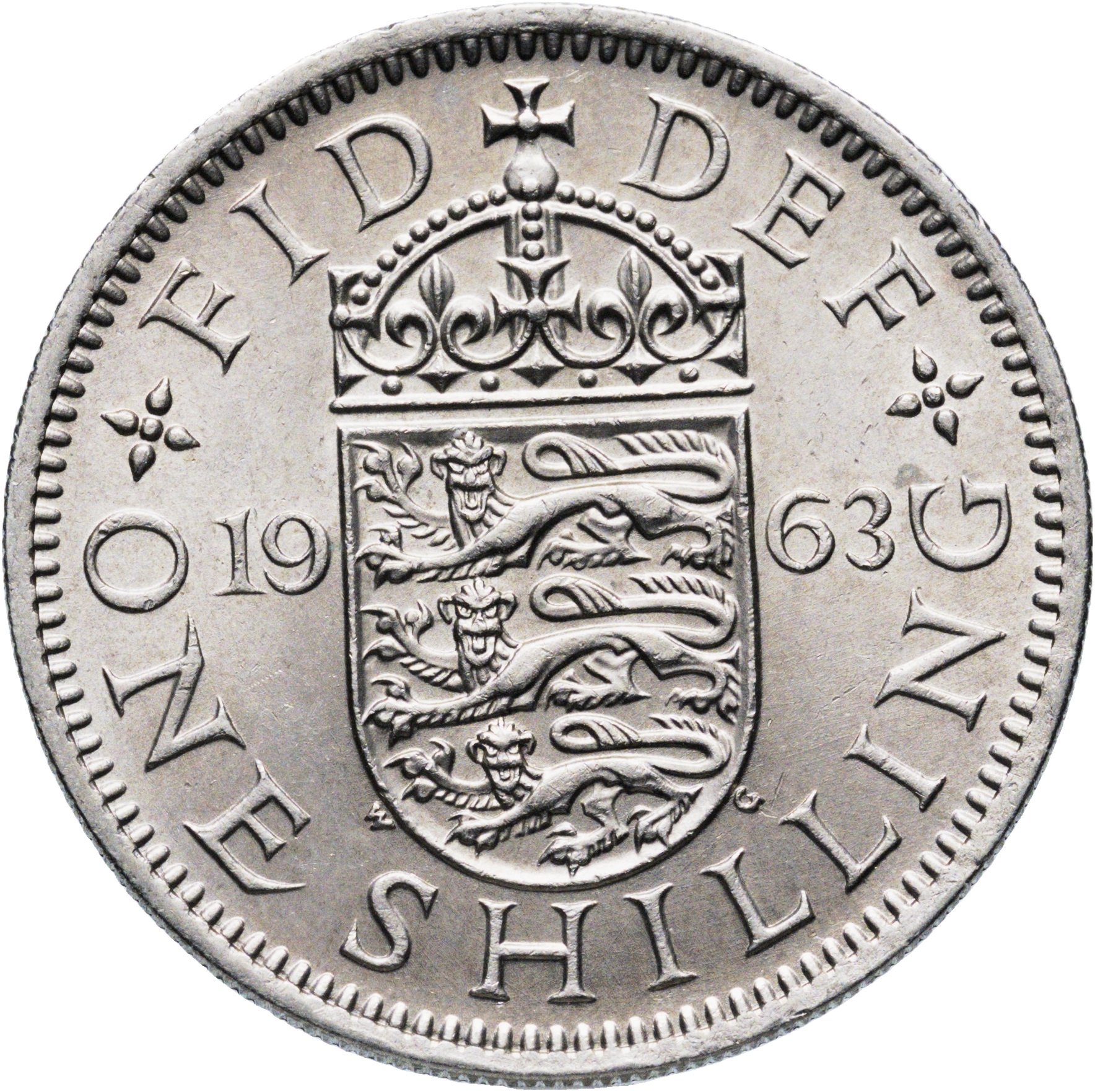 Великобритания 1 шиллинг shilling 1963 "Английский герб - 3 льва внутри коронованного щита", Мельхиор медь-никель, в сохранности UNC