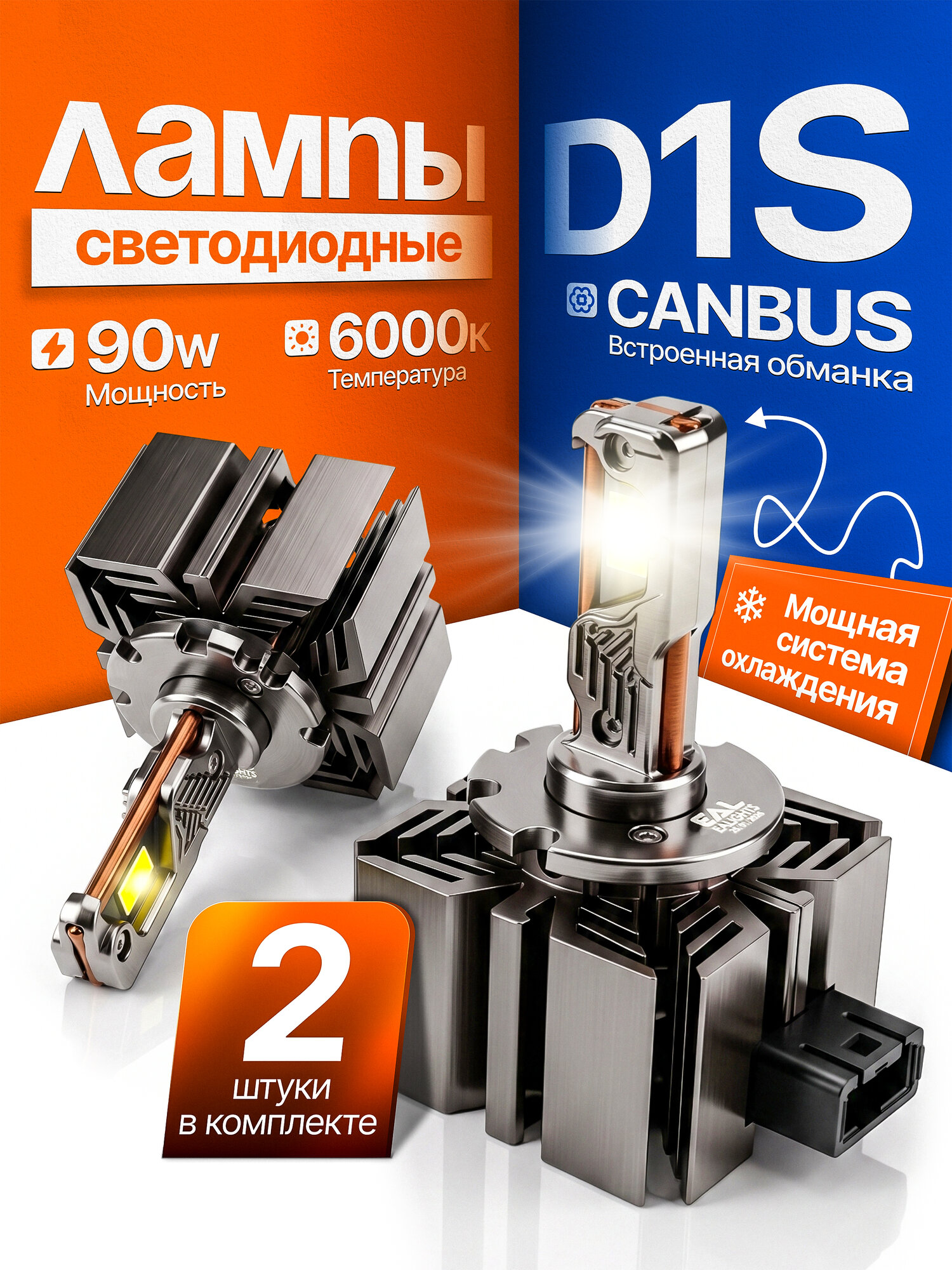 Светодиодные лампы D1S LED 90W для авто, 6000K комплект 2 шт, замена ксенона с обманкой Canbus