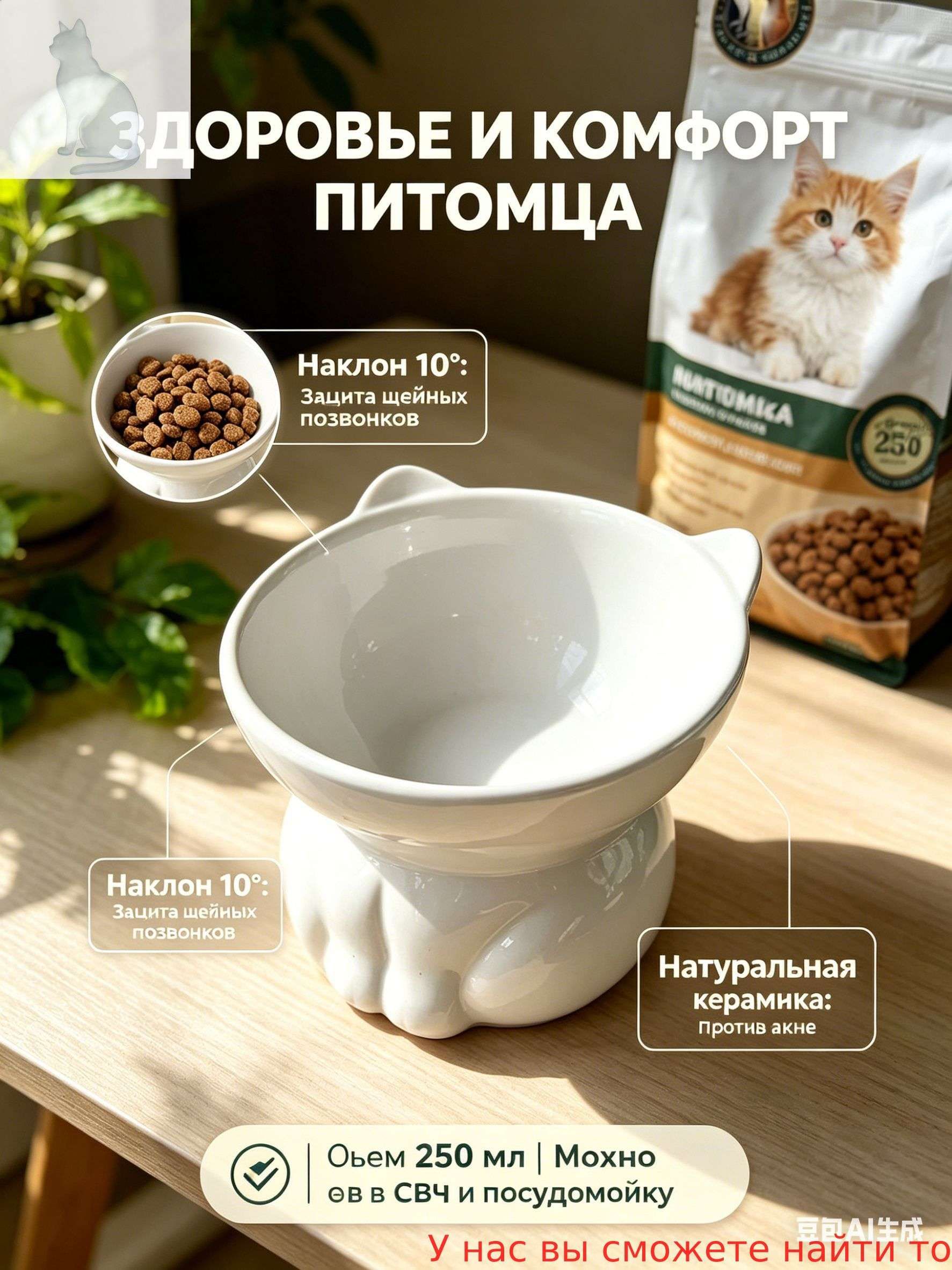 Миска для кошек и собак мелких пород, керамическая анатомическая-CAT-WHITE-10GRADUS-250ML, на подставке с наклоном для корма и воды, белая.